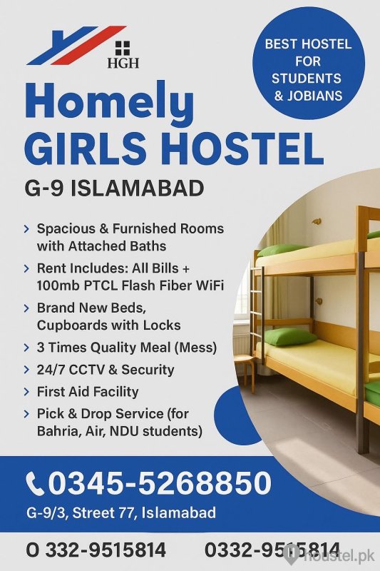 Homely girls hostel - Girls Hostel in G-9 Islamabad with Mess, WiFi ...